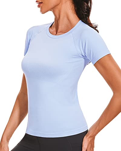 Stelle Women Workout Shirts Seamless Short Sleeve Yoga Tops for Sports Running Breathable Athletic Slim Fit (Short Sleeve-Blue,S)