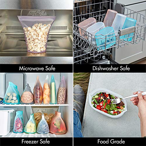 Zip Top Reusable Food Storage Bags | 2 Bag Set [Teal] | Silicone Meal Prep Container | Microwave, Dishwasher and Freezer Safe | Made in the USA