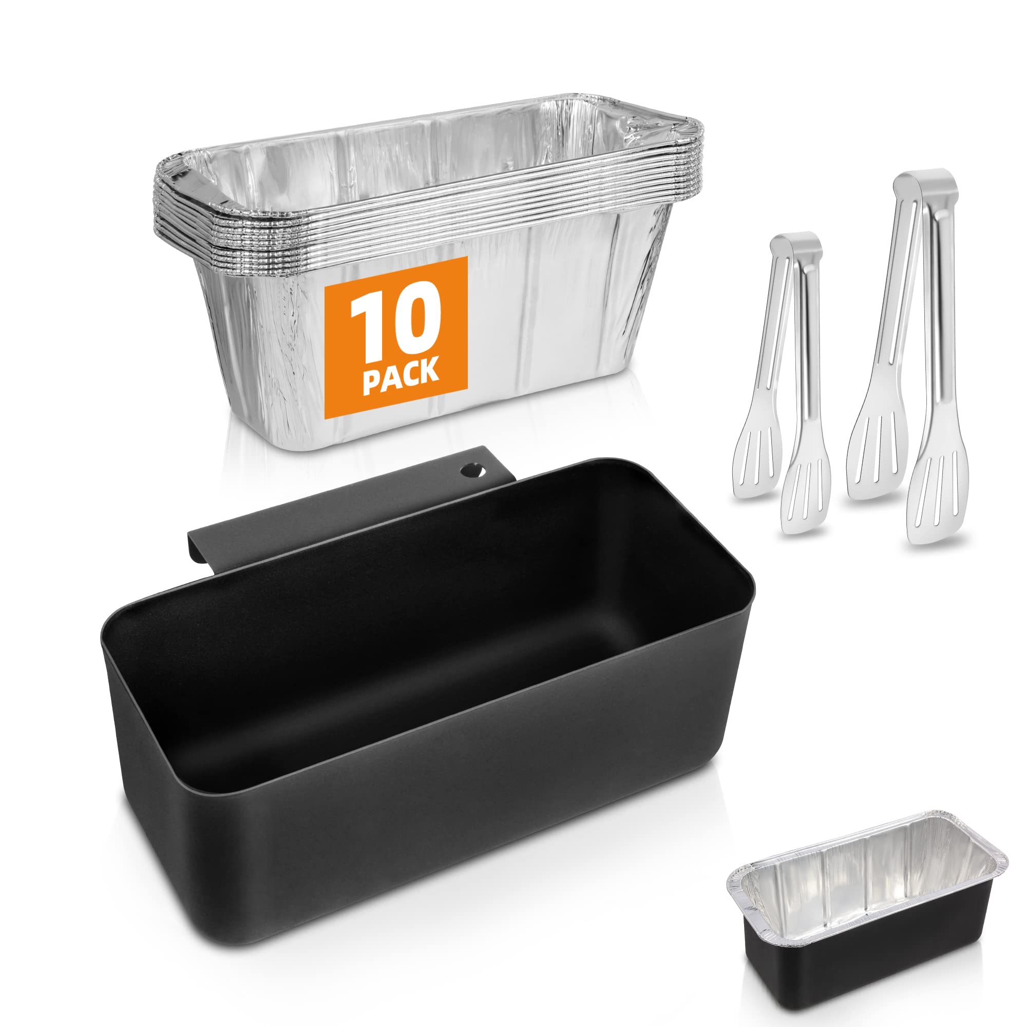 Grease Cup Liner for Blackstone Accessories, 10 Pcs Oil Drip Catcher Foil Pan Liners, Professional Flat Top Grease Tray Compatible with Black Stone Grill 17 22 28 30 36 Inch(1Short Hook Pan+10Liners)