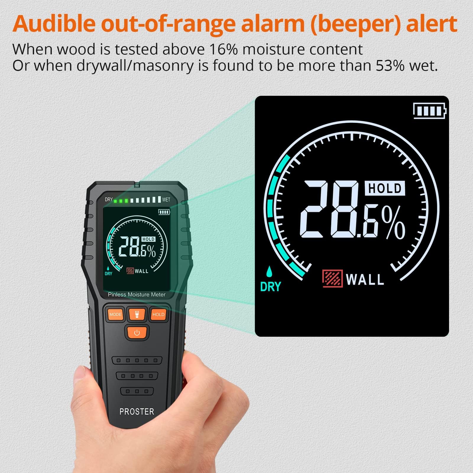 Proster Pinless Wood Moisture Meter, Non-Destructive Moisture Tester for Wood Wallboard Masonry;Detect up to 3/4 Inch Below Surface, Backlit Color LCD , Visual/Audible Alarm, with Storage Case