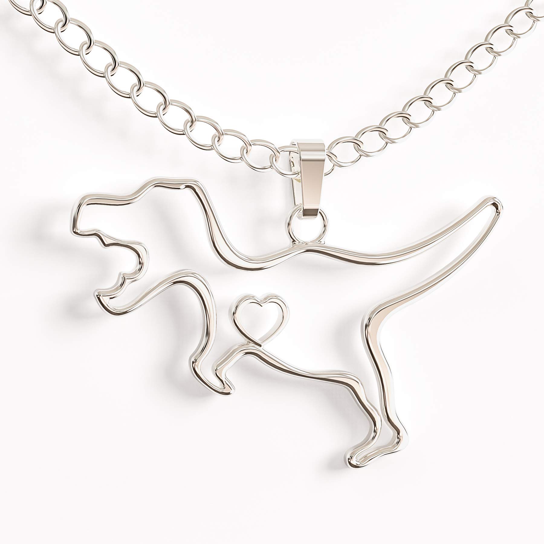 Happy Kisses Dinosaur T-Rex Necklace - Cute Pendant Gift - Sweet and Funny Message Card (Silver)