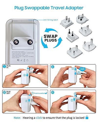 Universal Travel Adapter Kit, VINTAR International Plug Adapter with 3 USB Ports(2 USB C, 3.4A) & 2 American Outlets, Type A,C,G,D,I,M Swap&Adapt Attachments, Adapter for US/EU/UK/India/AUS/Africa