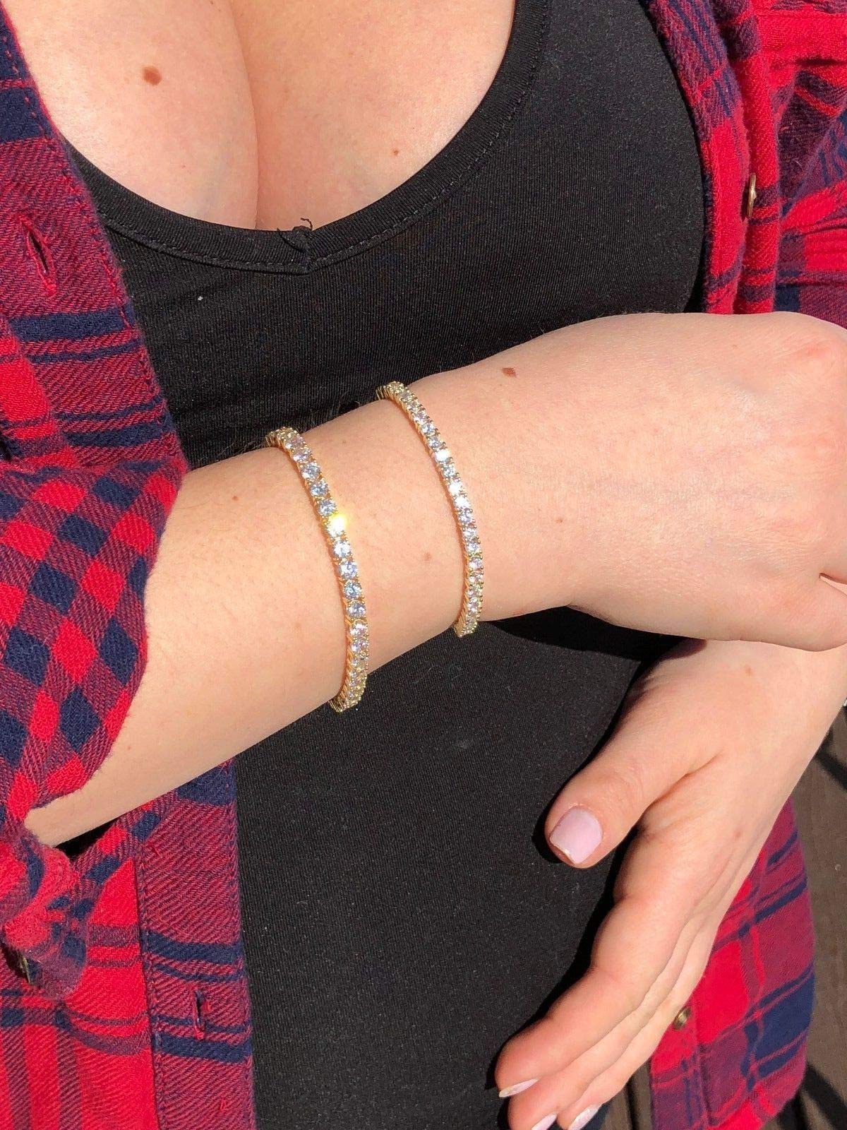HarlemBling Real Solid 925 Sterling Silver Mens Or Womens Tennis Bracelet - 14k Yellow & Rose Gold Finish Over Solid 925 Silver - 3-6mm - 6-9" Iced Out One Row Bracelet (6, 3mm Silver)