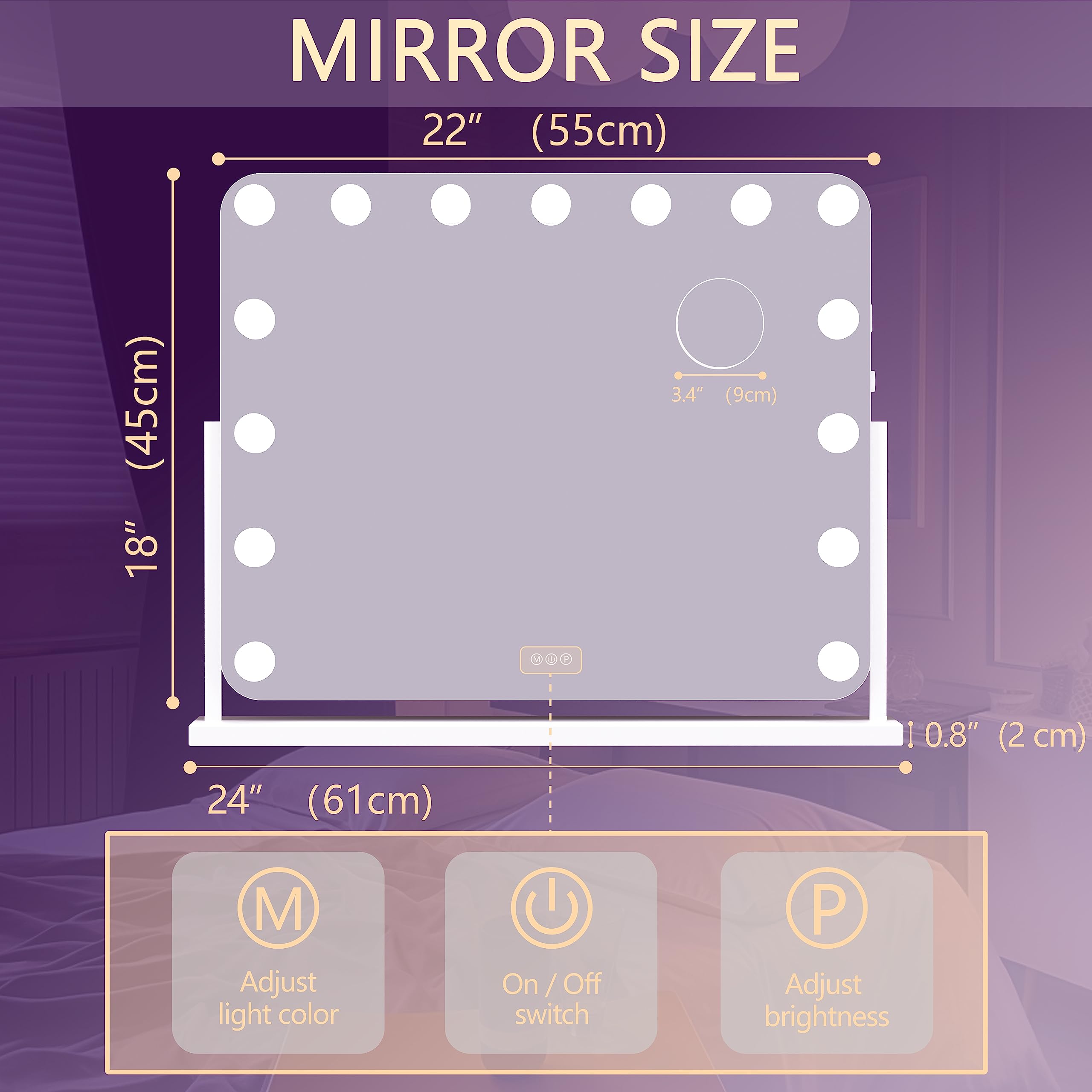 Hasipu Vanity Mirror with Lights, 22" x 18" Hollywood Lighted Makeup Mirror with 15 Dimmable Bulbs, 10X Magnification and USB Charging Port, Smart Touch 3 Colors Dimmable, 360° Rotation (Round)