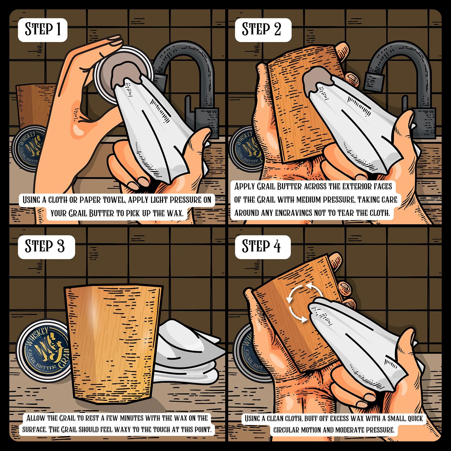Whiskey Grail - Grail Butter - Beeswax Wood Butter for Whiskey Grail Cups, Food Grade Wax for Maintaining Bourbon Cup's Glossy Sheen, Enhances & Protects Whiskey Grail’s Handcrafted Charred Oak Finish