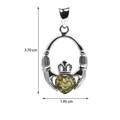 Green Amber and Sterling Silver Claddagh Celtic Irish Pendant