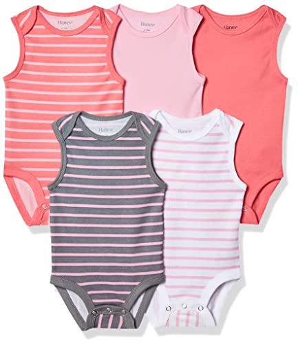 Hanes Baby Bodysuits, Ultimate Flexy Sleeveless for Boys & Girls, 5-Pack, Pink Stripe, 6-12 Months