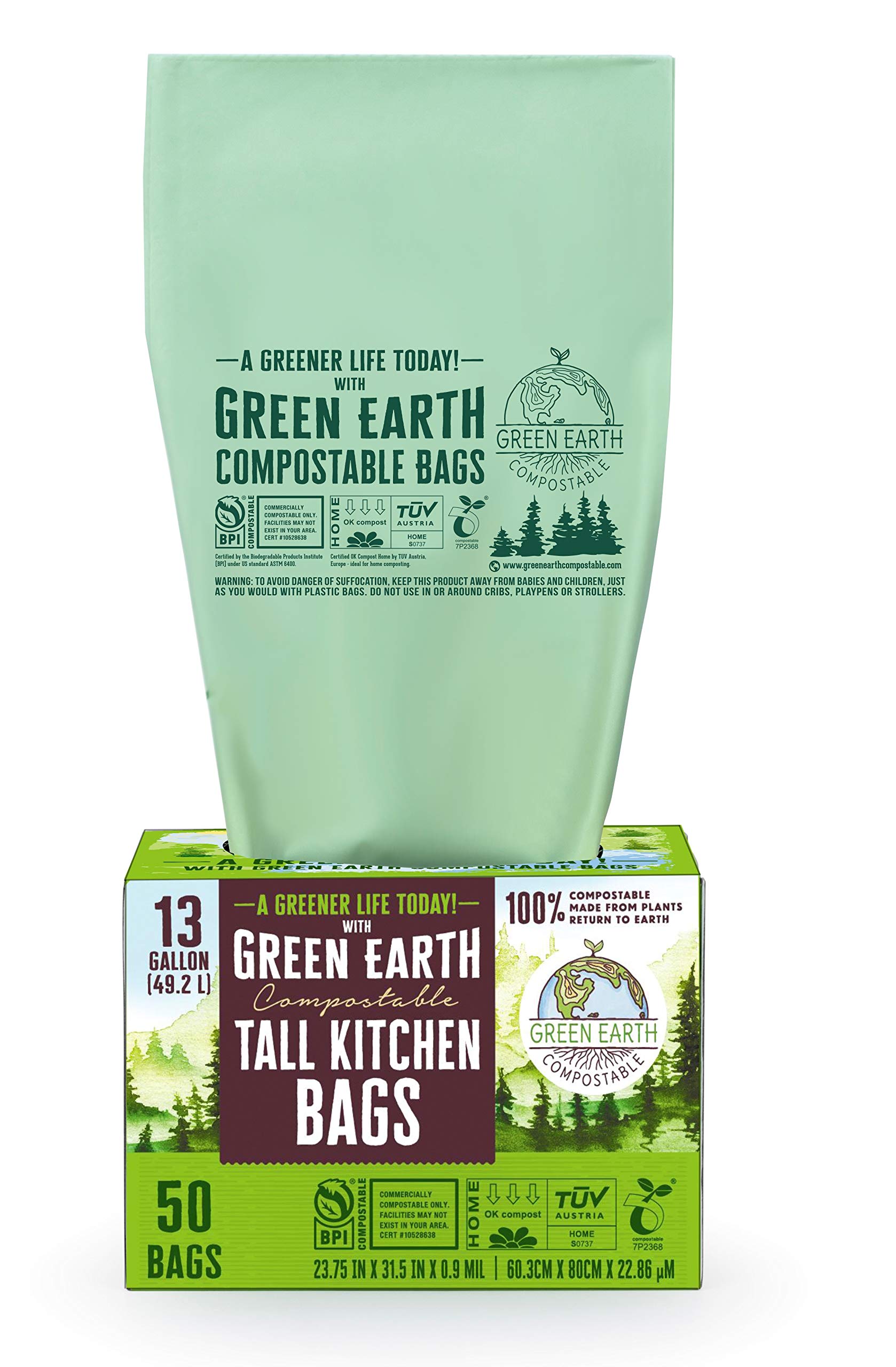 Green Earth Compostable Tall Kitchen Food Scrap Waste Bags, 13 Gallon, 49 Liter, 50-Count, Superior Strength 0.9 Mil Thickness, ASTM D6400, US BPI & Europe OK Compost Home Certified, USA