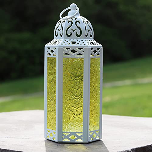 Vela Lanterns White Moroccan Lamp Lantern Decorative Candle Holder for Indoor Outdoor Weddings, Home Decor, Patio, Weddings, Yellow Glass, Medium