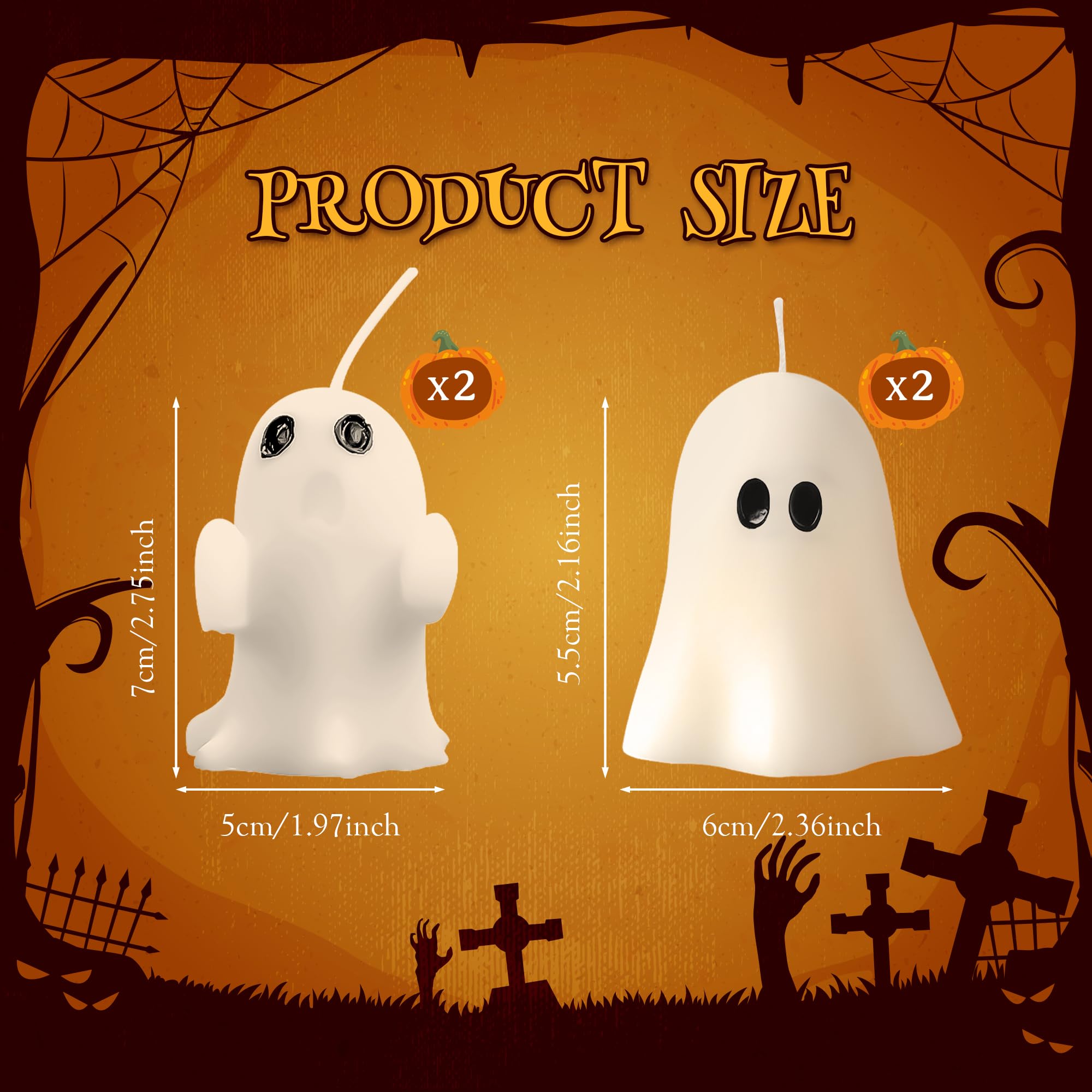 TRINIDa 4 PCS Halloween Ghost Candles, 2.75 x 1.97 Inches Ghost Scented Candles, Cute Halloween Ghost Decor, Halloween Decor Candles for Home Halloween Party Room Table Decorations, 2 Style