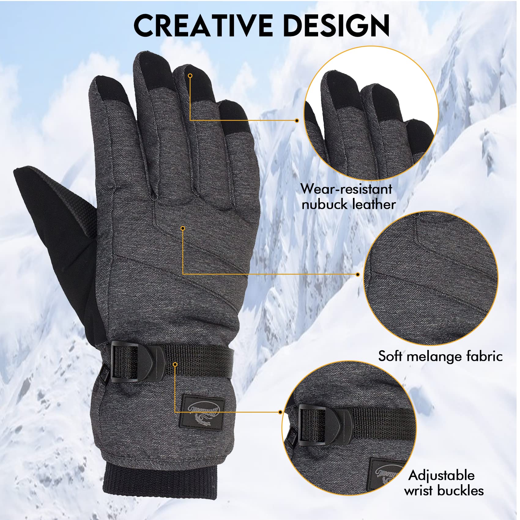 HIGHLOONG Mens Ski Snowboard Gloves Waterproof,Thinsulate, Melange Fabric Winter Cold Weather Gloves (Melange 2-pair L)