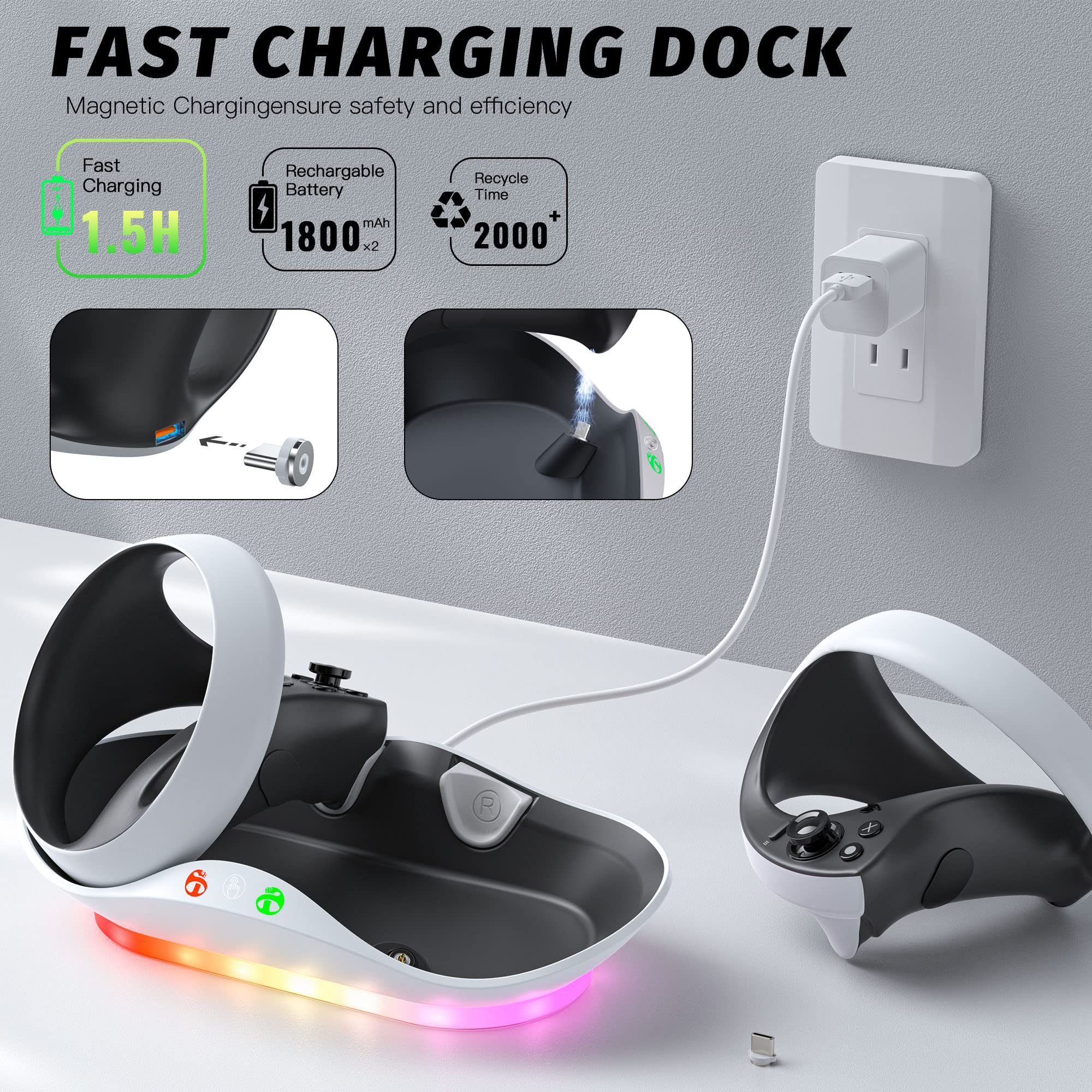 Hastraith Charging Dock for PS5 VR2 Controller, Fast Charger Station with 2 Rechargeable Port, Magnetic Charging Base with LED Indicator for PS VR2 Accessories