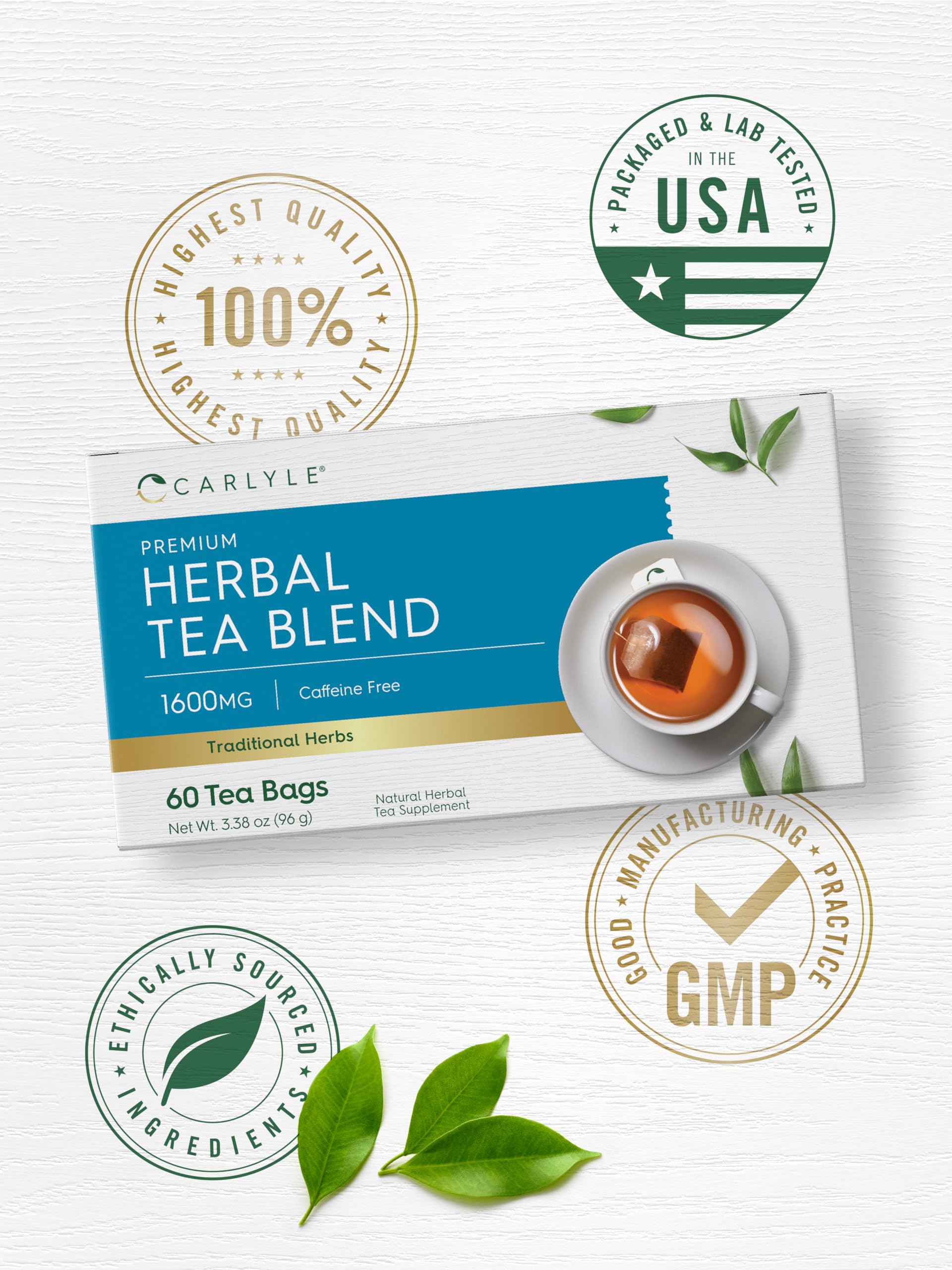 Herbal Tea Blend | 60 Tea Bags | Caffeine Free Herbal Tea Supplement | Vegetarian, Non-GMO & Gluten Free | by Carlyle