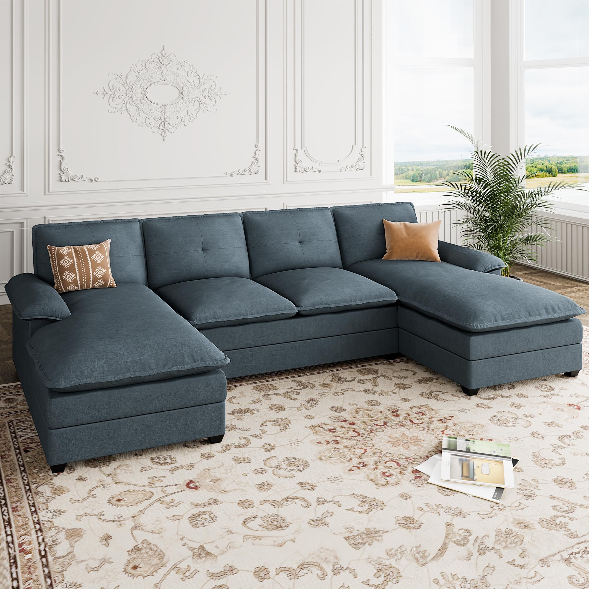 Shintenchi 110" Modular Sectional Couches for Living Room, U-Shaped Sofa Couch with Double Chaise, 4 Seat Sofa Sets with Thick Cushion & Soft Backrest, Dark Grey
