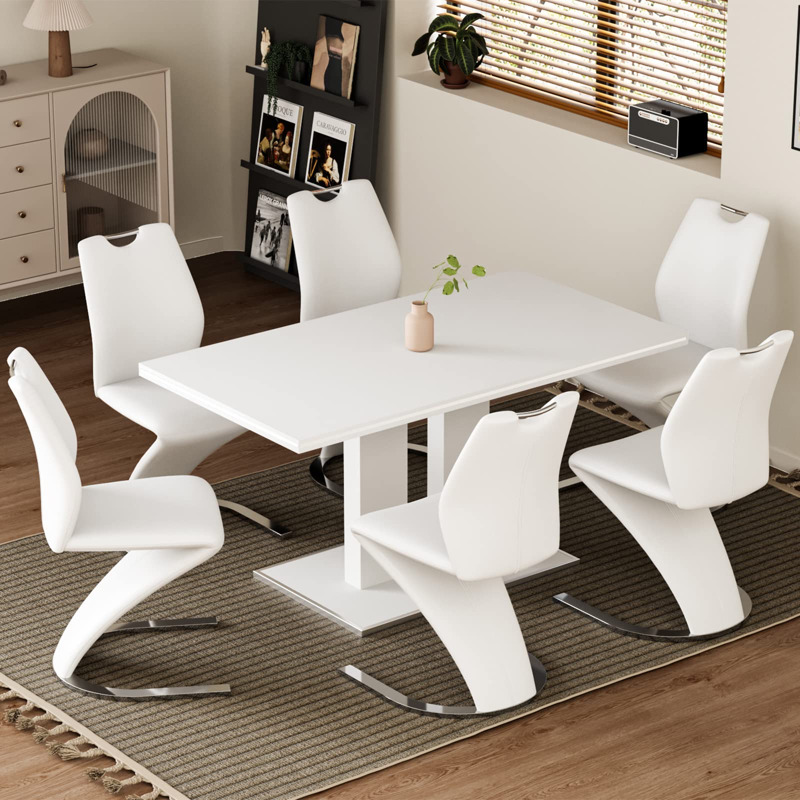HIPIHOM Modern 59'' Kitchen Dining Table and Chairs for 6, 7 Pieces Rectangular Dining Table Set for Home, Kitchen, Living Room, Dining Room (Table+6 White Mermaid Chairs)