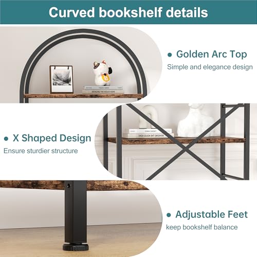 Shintenchi Bookshelf, Arched Bookshelf 5 Tier Bookcase, Tall Bookcase Shelf for CDs/Books, Home Office Bookcase Shelf Storage Organizer, Modern Book Shelf for Bedroom/Living Room, Rustic Brown