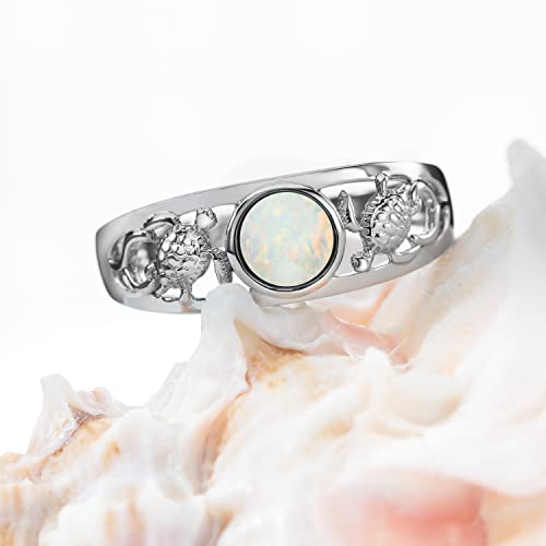 Sterling Silver Opal Two Sea Turtles Tapered Wedding Ring Eternity Band for Women, Hawaiian Island Tropical Ocean Jewelry Gemstone, Gift Box Included (White Opal, 8)