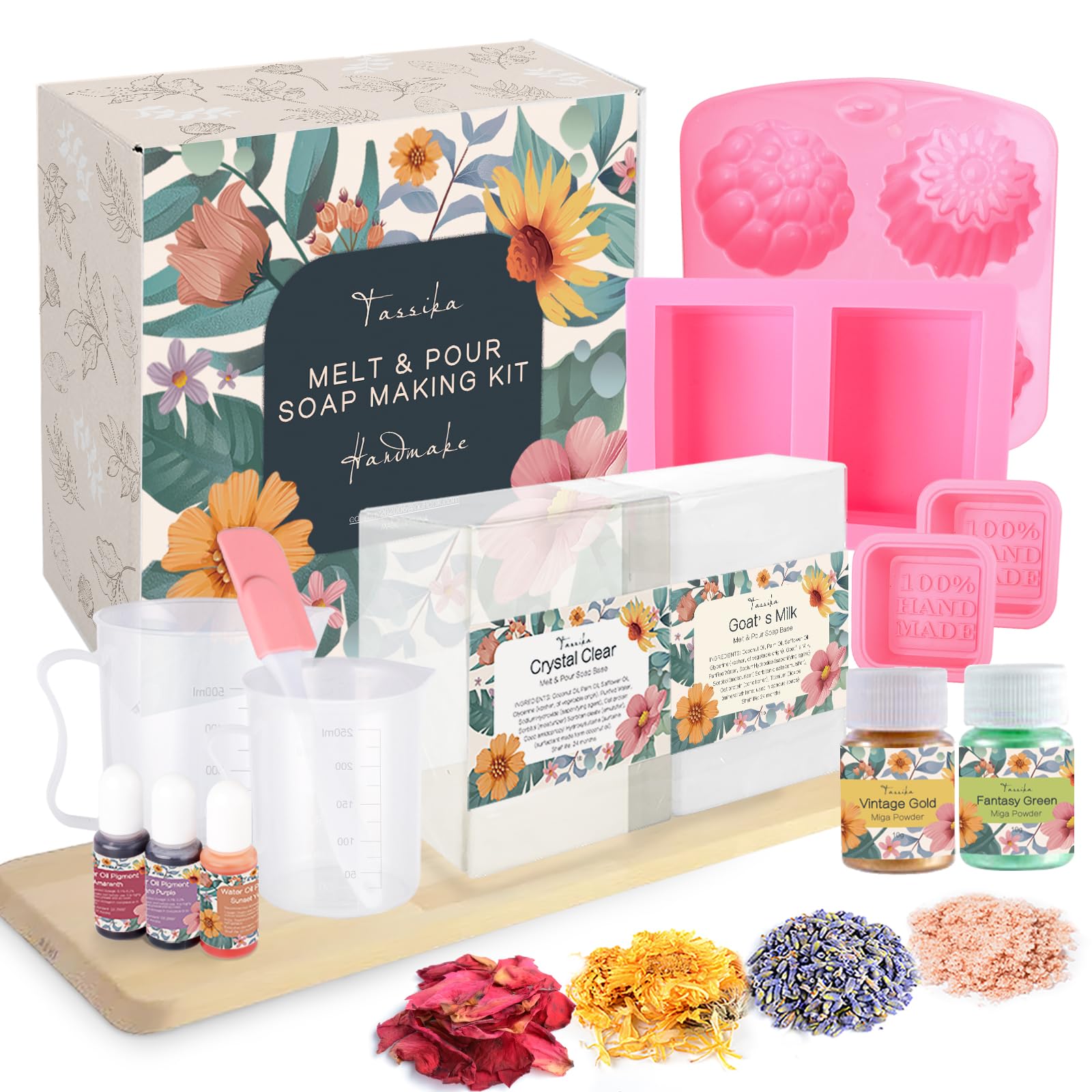 Handmade Soap Making Kit Supplies, DIY Melt & Pour Soap Making Kit for Adults: Includes 2lbs Soap Base, Dried Flowers, Pigment, Silicon Mold, Measuring Cup, Personalized Handmade Soap Set Gift