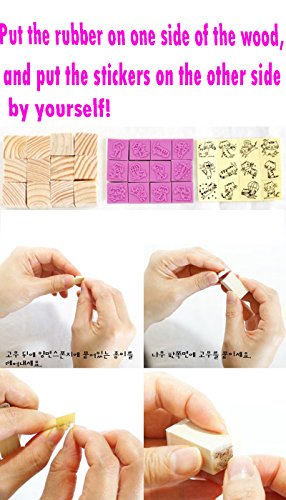Youkwer 12 Pcs Mini Cute Wooden Rubber Stamps Set For Letters,Diary Craft,Scrapbooking in Matchbox(Vintage Lovely Cat)