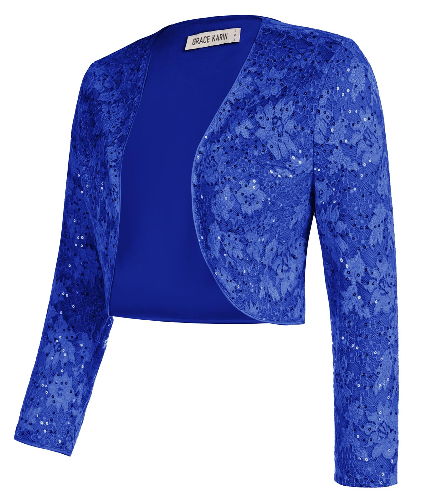 GRACE KARIN Women's Sequin Jacket 3/4 Sleeve Open Front Glitter Cropped Blazer Bolero Shrug Royal Blue XL