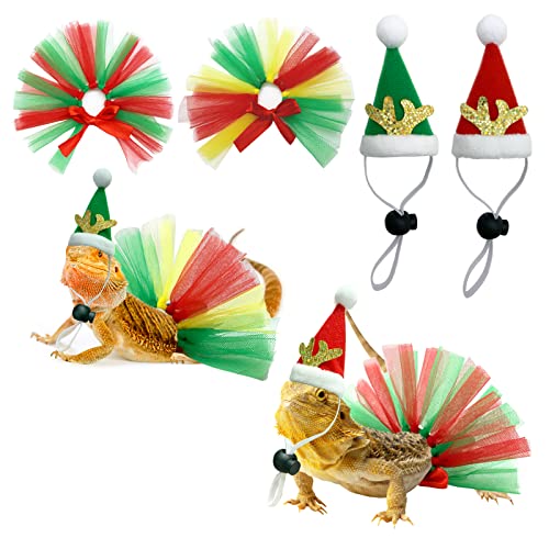 Vehomy 4Pcs Christmas Bearded Dragon Costume Christmas Bearded Dragon Santa Claus Hats Christmas Bearded Dragon Lizard Tutu Skirts Xmas Beardy Lizard Outfit for Chick Hamster Bird Parrot