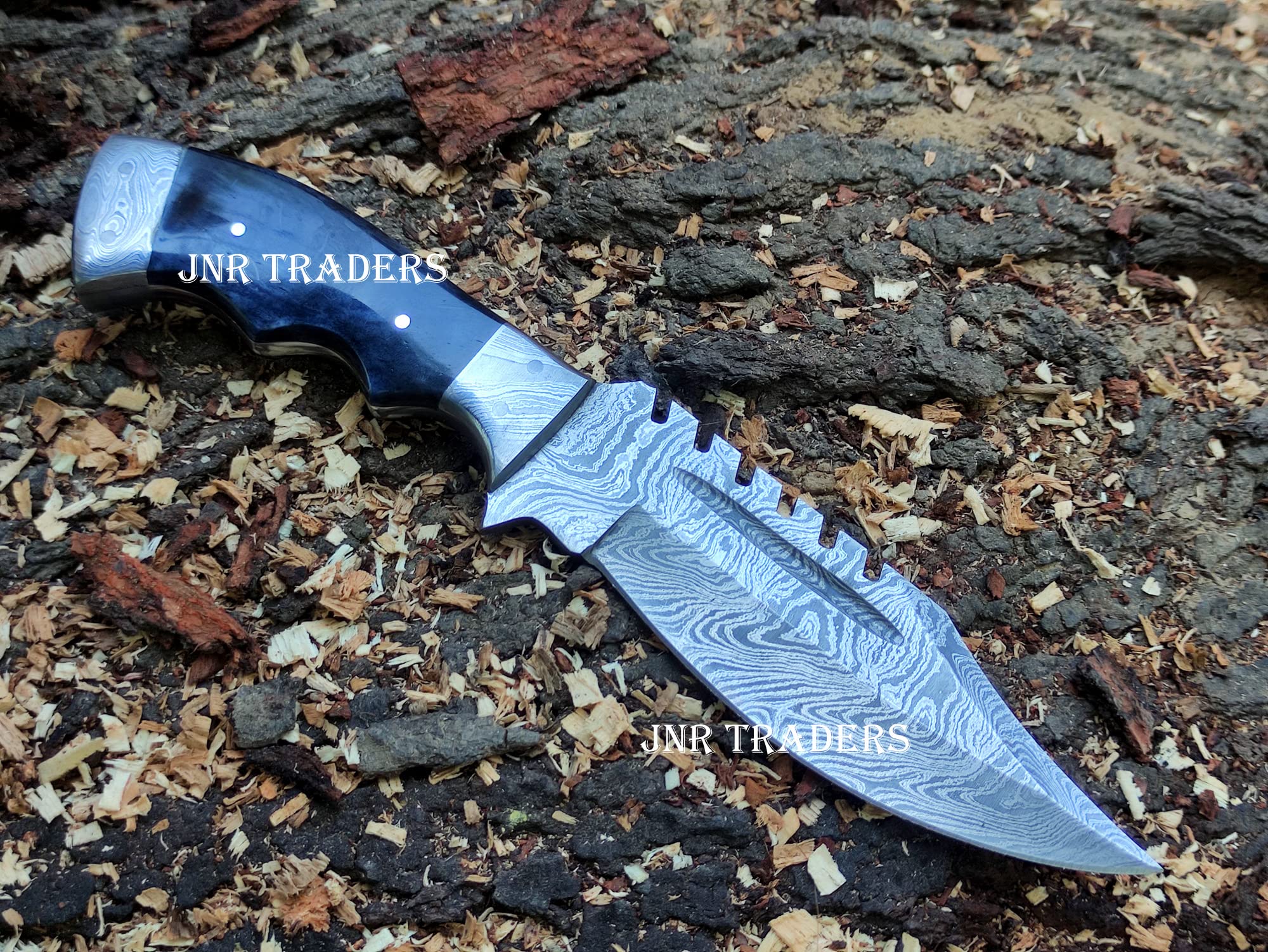 Handmade Damascus Hunting Knife with Sheath Full Tang Fixed Blade Skinning knife With Holster Buffalo Horn Handle 9.00" JNR-4160