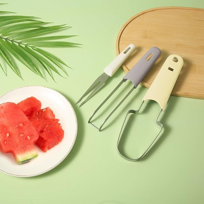 TROKKA 3-in-1 Watermelon Fork Slicer Cutter,Stainless Steel Watermelon Popsicle Cutter Watermelon Cutter Slicer Tool Melon Cutter Knife Portability Fruit Fork for Camping Kitchen Gadgets (Beige)