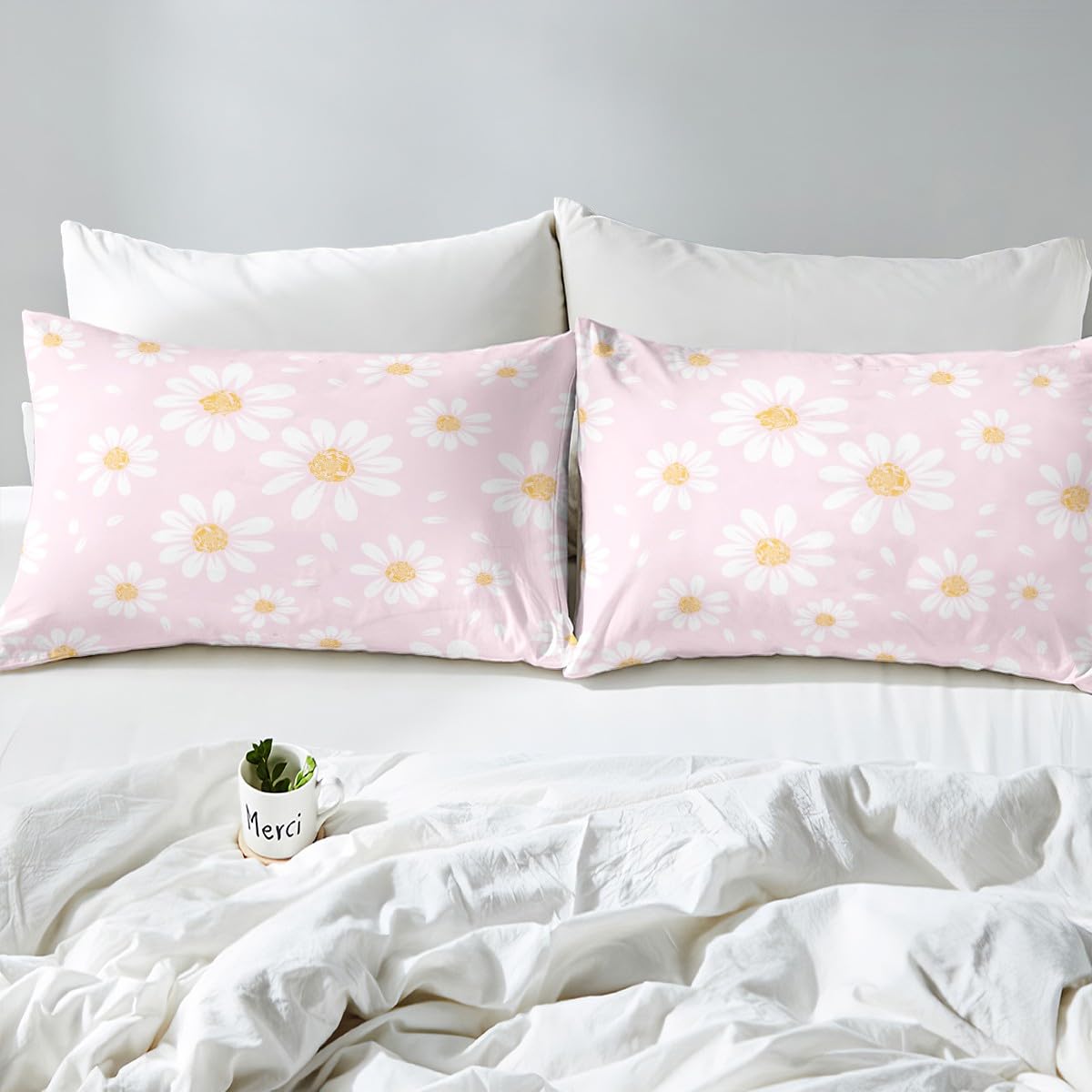 White Daisy Kids Fitted Sheet Full Size,Flowers Plants Rustic Farmhouse Bedding Set,Girls Boys Adults Room Decor,Botanical Florals Theme Bed Cover,Pink Romantic Bed Sheet,2 Pillowcases(Not Flat Sheet)