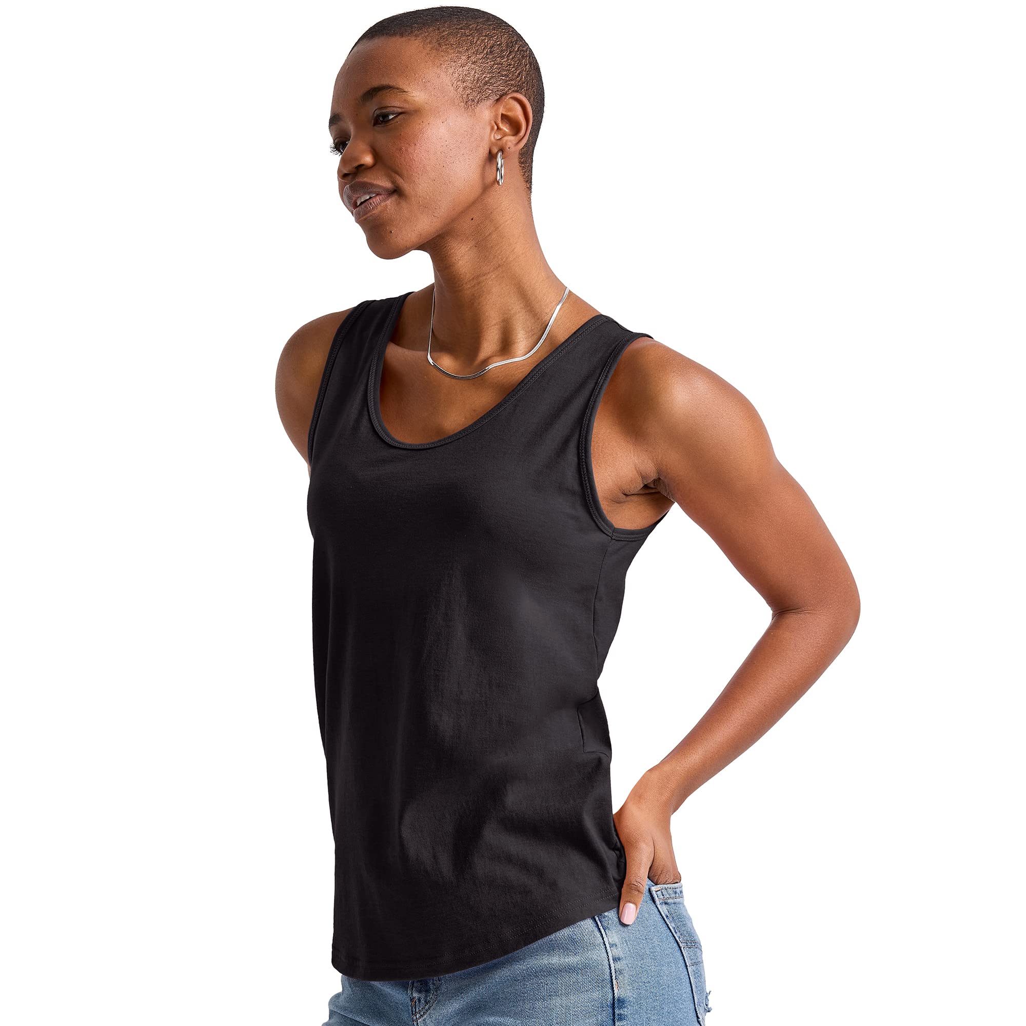 Hanes Originals Top, Cotton Tanks for Women, Relaxed Fit, Sleeveless, Plus, Black, Medium