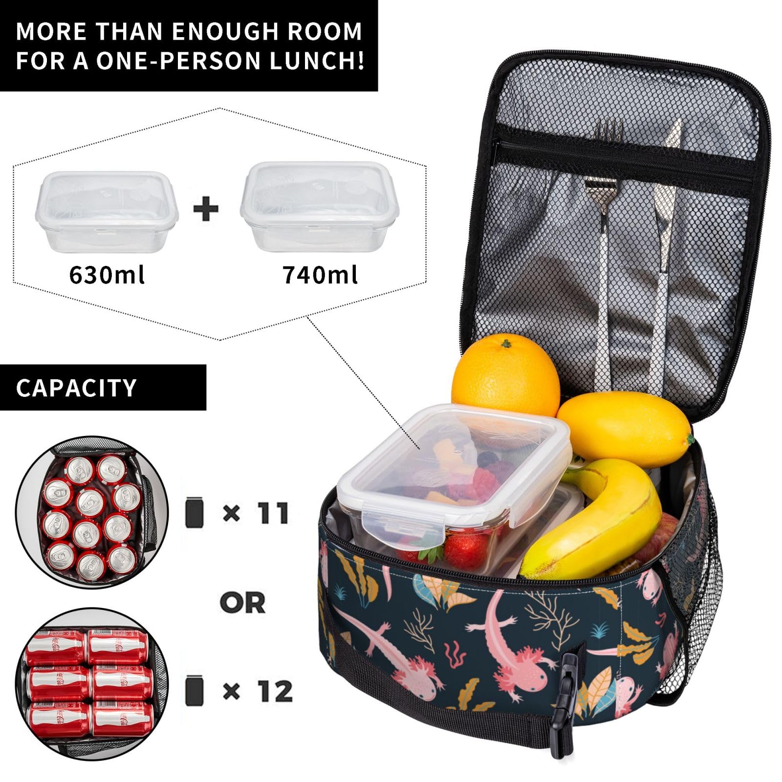 Greatreme Axolotls Lunch Bag For Men Women, Reusable Insulated Lunch Bag Portable Lunch Tote