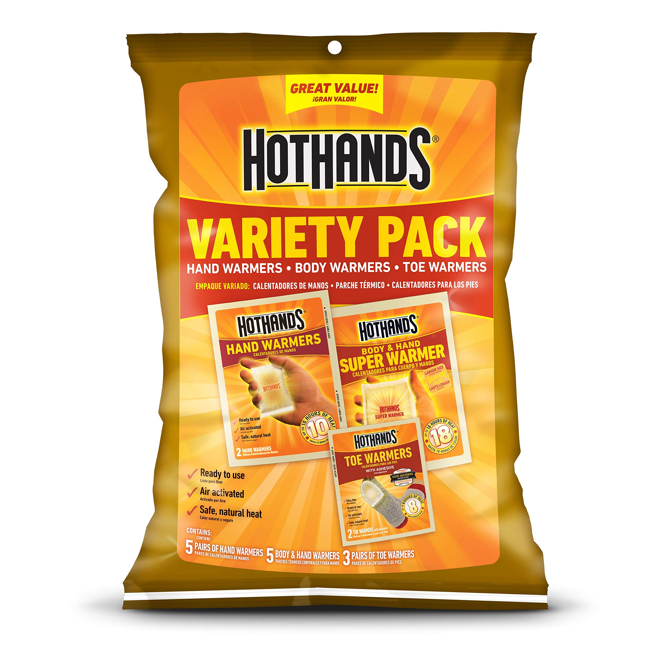 HotHands Toe, Hand, Body Warmer Variety Pack - Long Lasting Safe Natural Odorless Air Activated Warmers 4 Pack