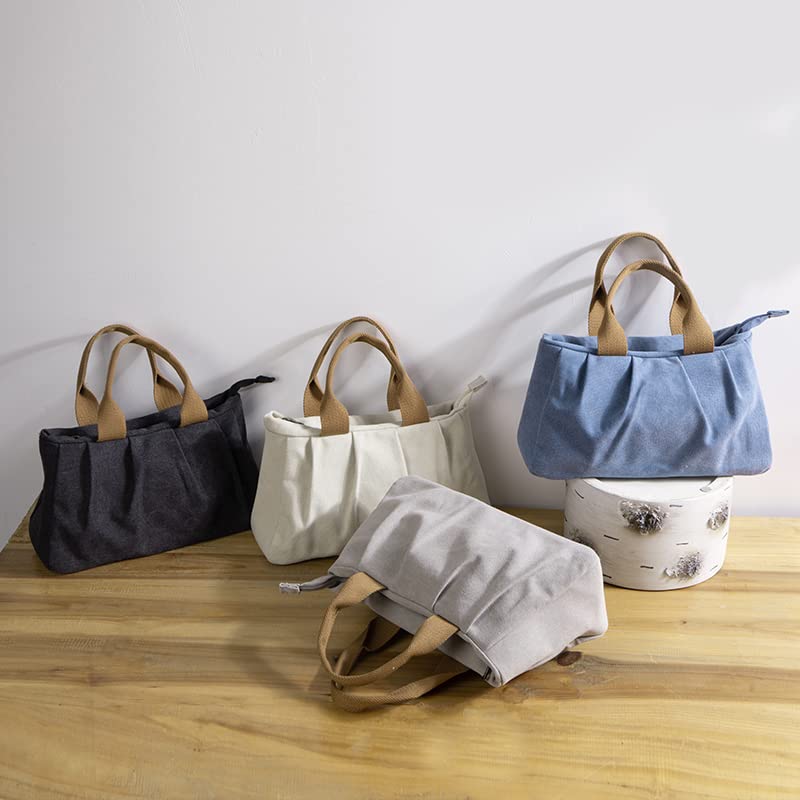 Jeelow Small Canvas Tote Handbag Bag Purse With Zipper & Pocket For Girl Women (Blue)