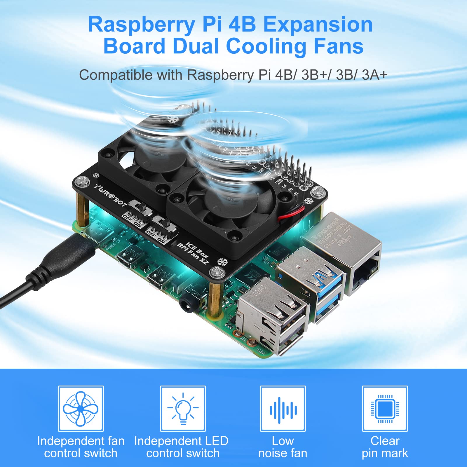 Raspberry Pi Fan 4B Dual Cooling Fans with Automatic Discoloration LED Raspberry Pi 4B Heatsink kit with 4 Cooling Fin Raspberry Pi GPIO Expansion Board Compatible with Raspberry Pi 4B/ 3B+/ 3B/ 3A+