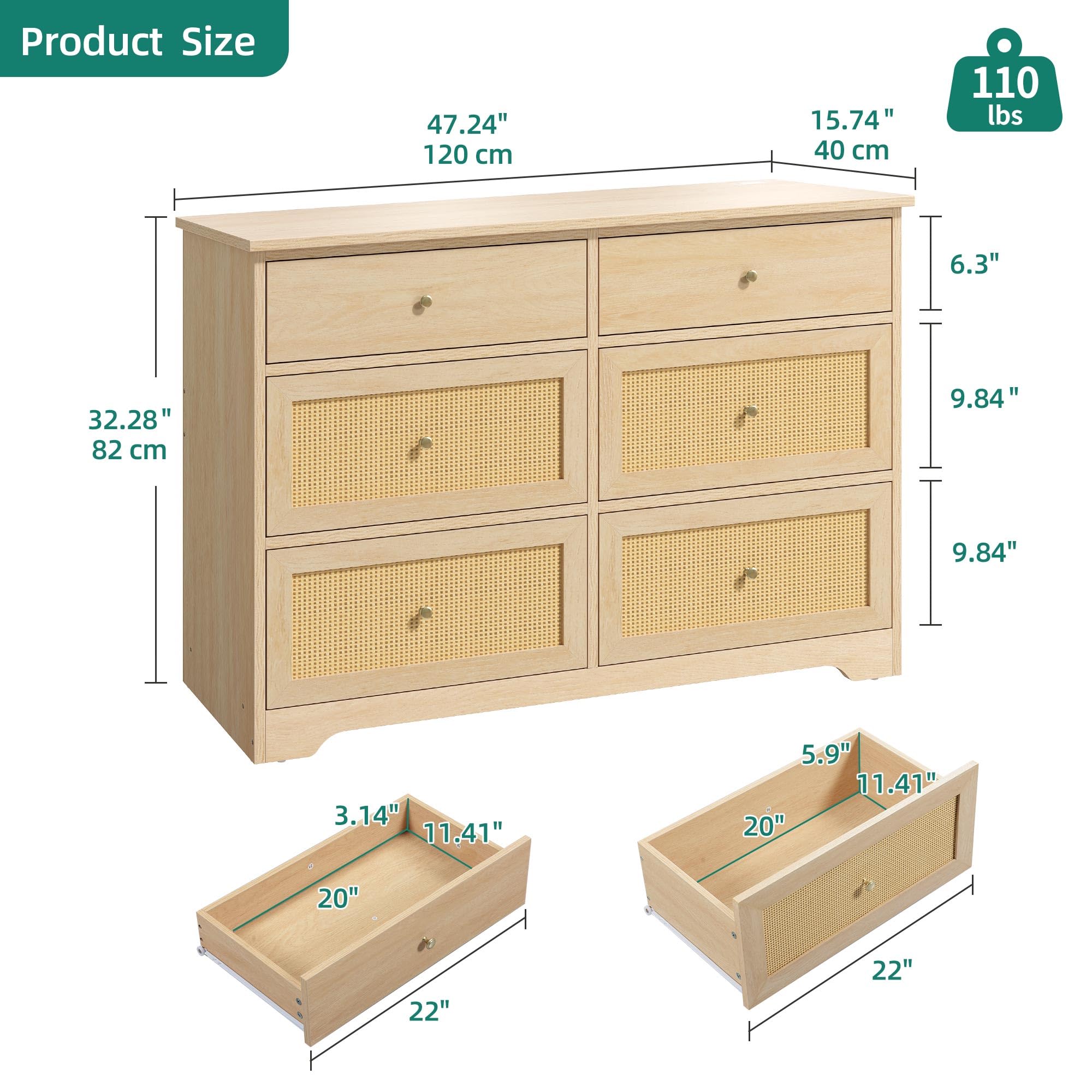 YITAHOME Rattan Dressers & Chests of Drawers,6 Drawer Modern Closet Dresser, Natural