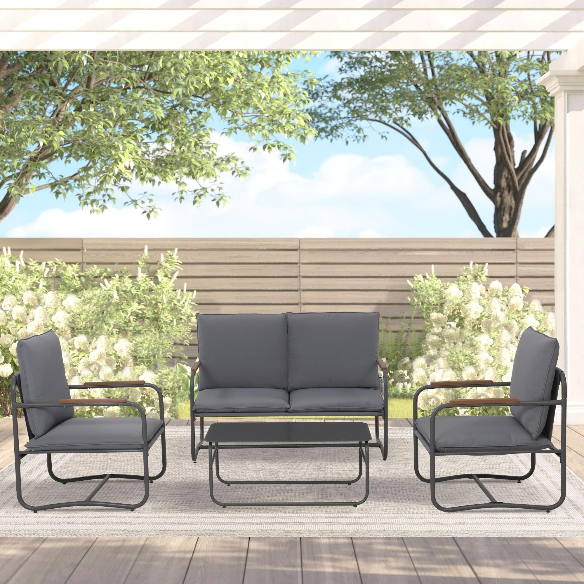Green4ever 4 Piece Outdoor Furniture Metal Patio Conversation Sets, Dark Gray