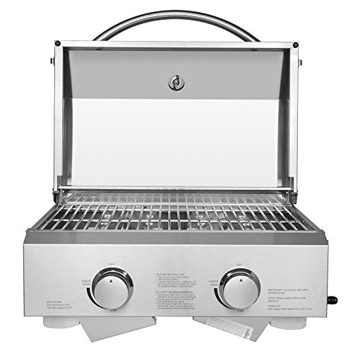 ZOKOP Portable Propane Gas Grill, 20000 BTU Tabletop Stainless Steel 2-Burner BBQ Grid with Foldable Legs for Picnic Camping Trip, Tailgating, Patio Garden Home Use, 22 x 18 x 15 Inch, Steel, Silver