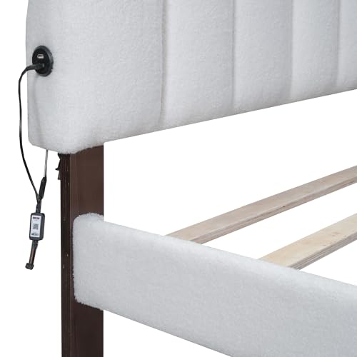 HBRR Queen Size Bed Frame with Drawer, Upholstered Smart Platform Bed with 2-Drawers Nightstand and USB Ports, Strong Wood Slats Support, No Box Spring Needed, Teddy Fleece, White