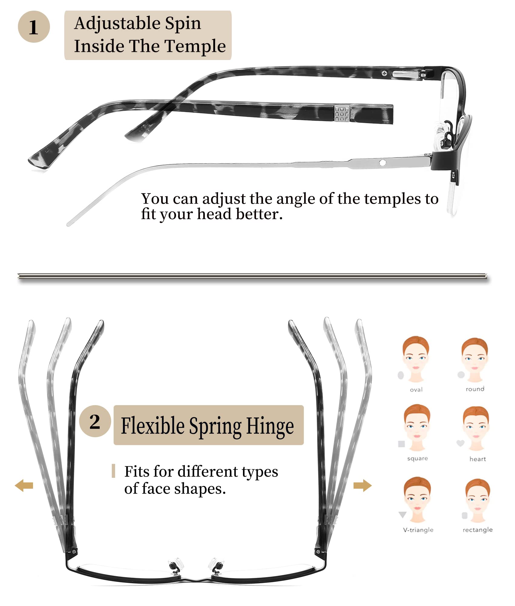 HOTJOJO 3 Pack Reading Glasses for Women Blue Light Blocking, Metal Oval Half Frame Womens Readers Glass with Spring Hinge, Anti Blue Ray Reduce Eye Strain Glare Headache(125 Magnification Strength)
