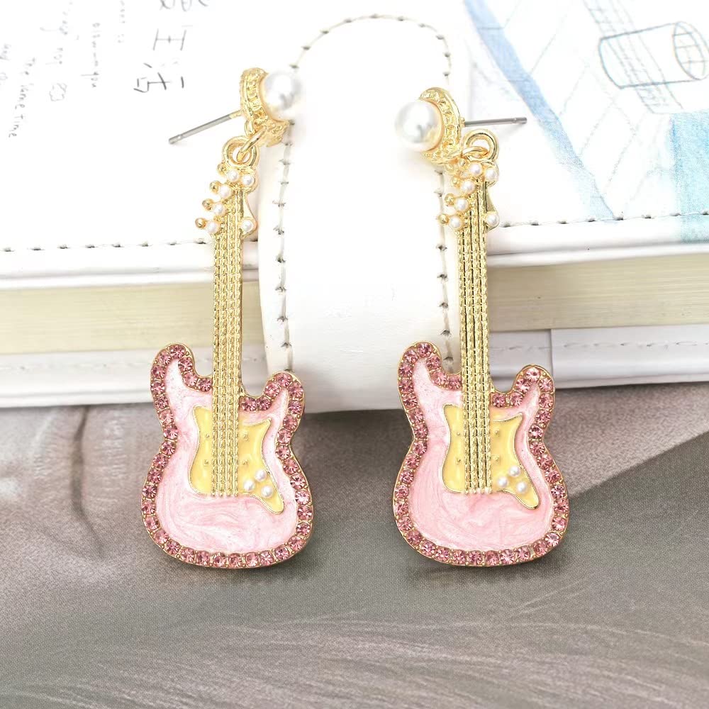 Hand Jeweled Guitar Earrings for Women, Teens, Stainless Steel, No Gemstone