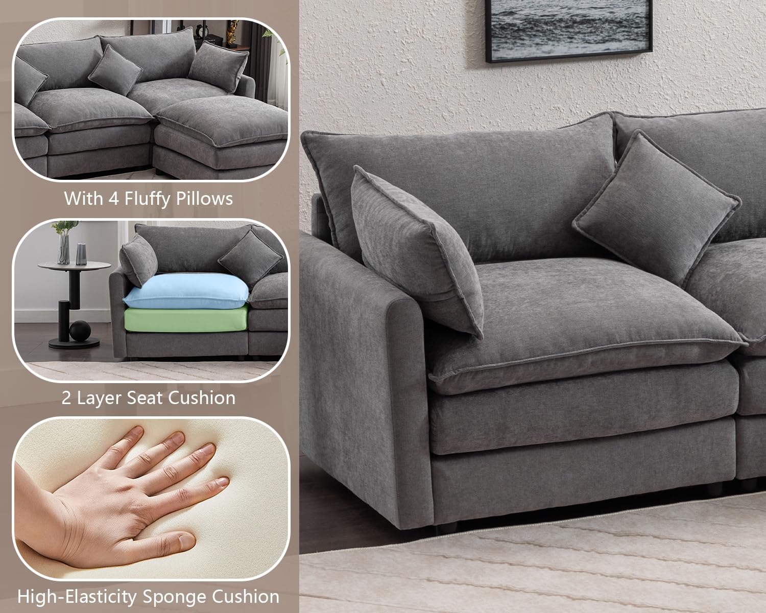 Suheww Grey L Shaped Sectional Sofa, 3 Seat Convertible Sectional Sofa Couch with Movable Ottoman, Modern Chenille Fabric L Shaped Sectional Couches for Living Room Apartment Office RV