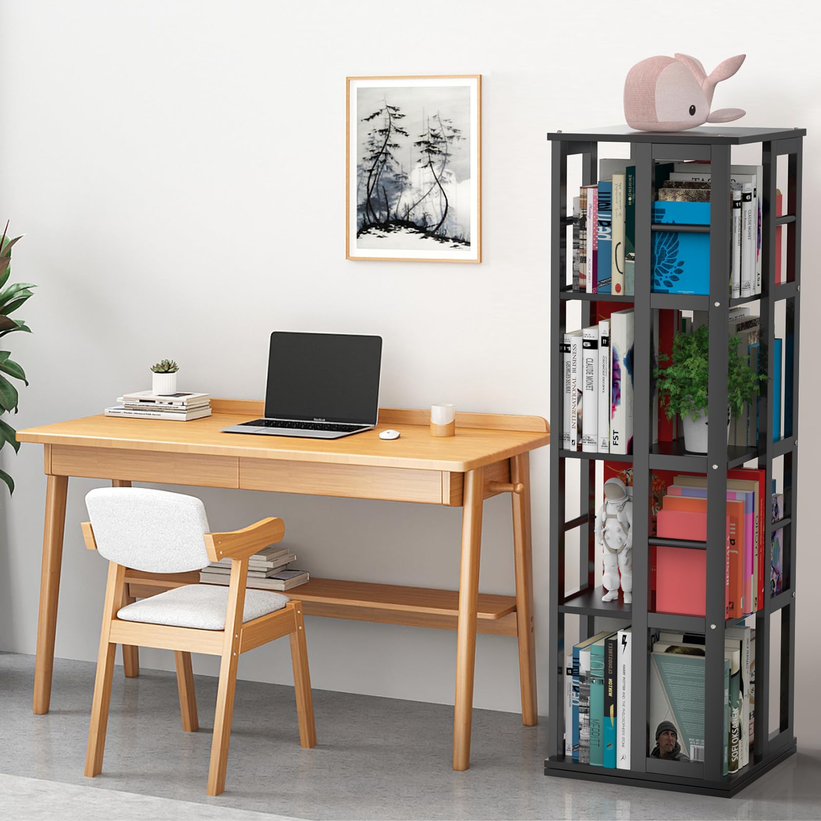 ZORA-KING Rotating Bookshelf, 360 Display Spinning Bookshelf, 4 Tier Floor Standing Bookcase Storage Rack for Kids&Adults, Narrow Shelf Revolving Bookcase for Small Space, Living Room, Study Room