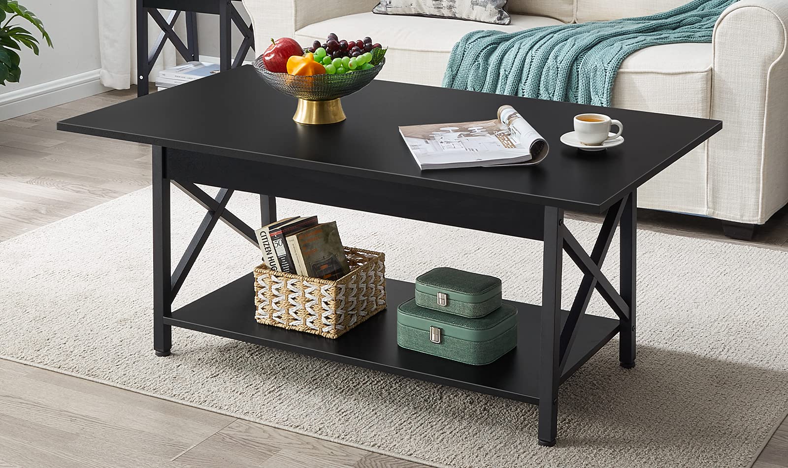 GreenForest Coffee Table Large 43.3 x 23.6 inch with Storage Shelf for Living Room, Easy Assembly, Black