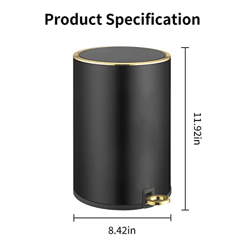 Trash Can with Lid, 8L/2Gallon Bathroom Garbage Can with Foot Pedal, Stainless Steel Step Trash Bin for Bedroom, Toilet, Kitchen, Round Waste Basket with Soft Close Lid for Office, Metal Garbage Bin(Black)