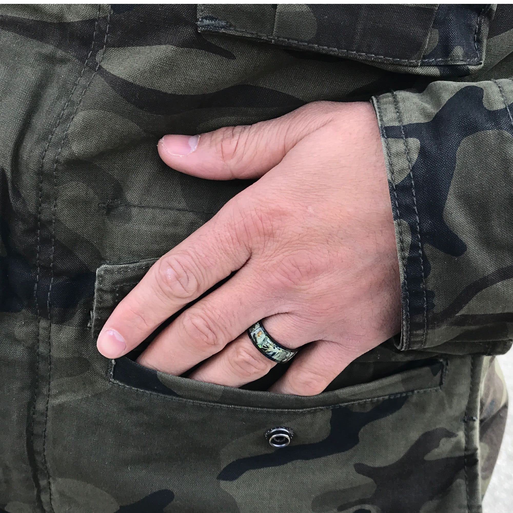 His & Hers Pink Women`s & Men`s Black Titanium Camo and Stainless Steel Princess Engagement Wedding Rings Set (Size His 12, Hers 07)