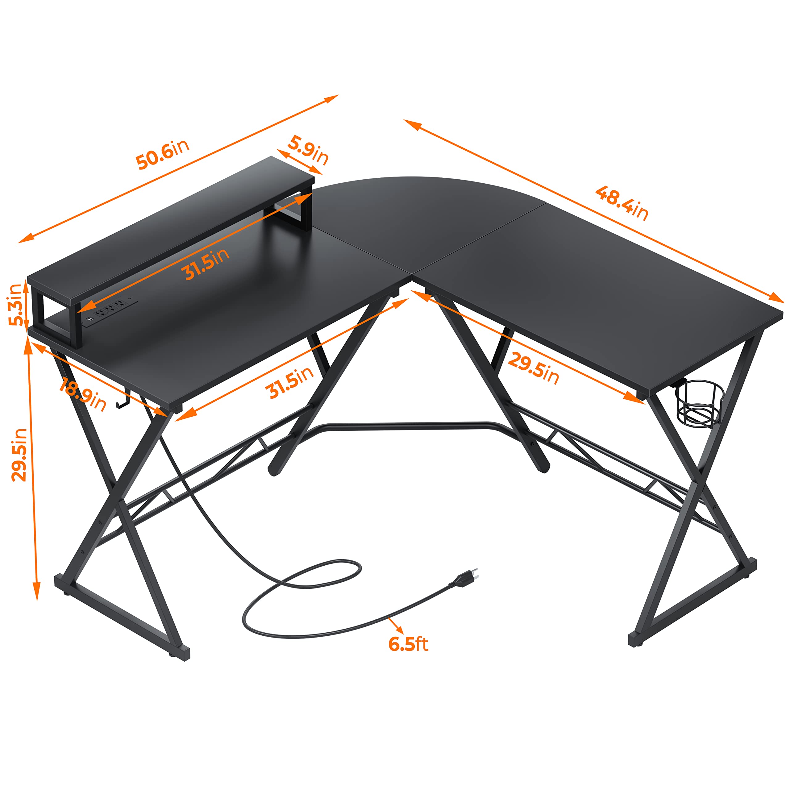 GreenForest L Shaped Desk with Power Outlets, 50.6 Inch Gaming Desk with Reversible Desktop Monitor Stand, Corner Computer Desk with Headphone Hook Cup Holder, Black