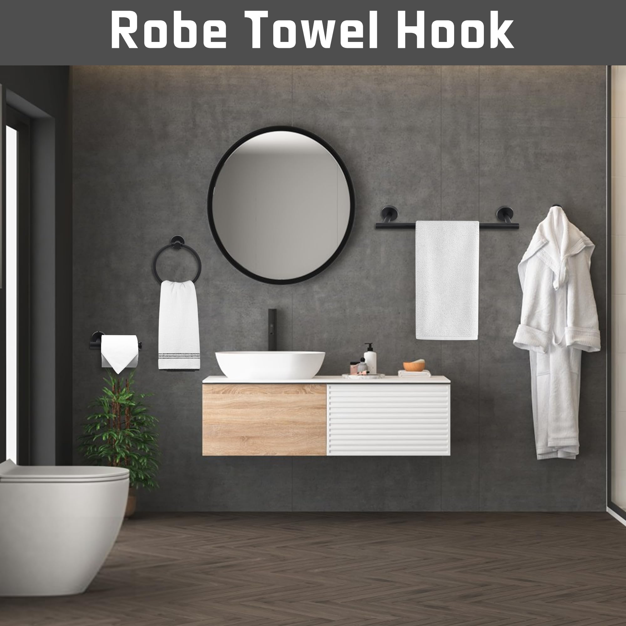 HAKJHAA Bathroom Hardware Set 4 Pieces - SUS 304 Stainless Steel Towel Rack Set - Includes 16In Towel Bar, Toilet Paper Holder, Towel Ring, Robe Towel Hooks - Wall Mounted Black