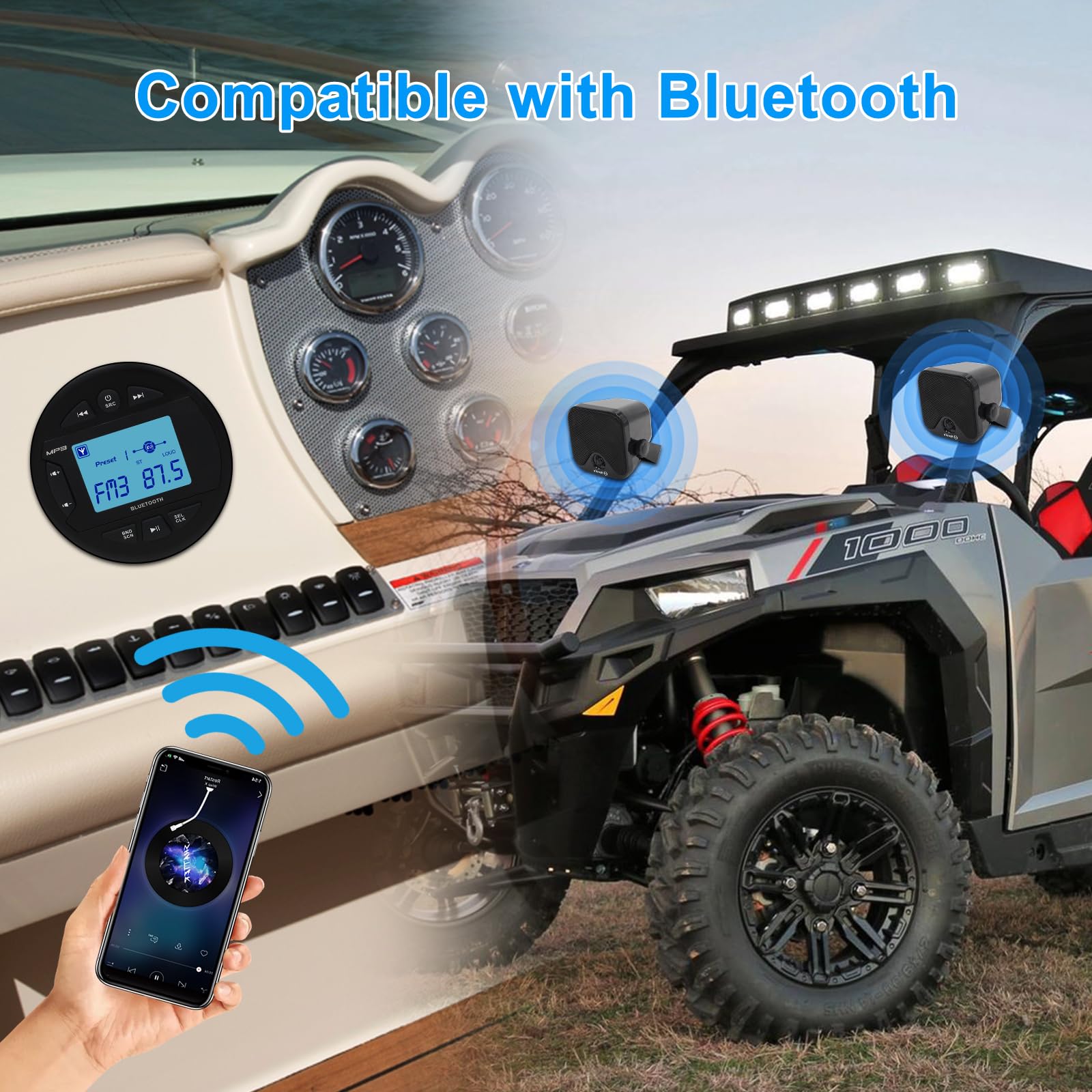Herdio Marine Radio Compatible Mp3/USB/AM/FM Weather-Proof UTV & Marine Bluetooth Stereo Radio + 4 Inches 100W Marine Surface Mount Box Speakers(A Pair)