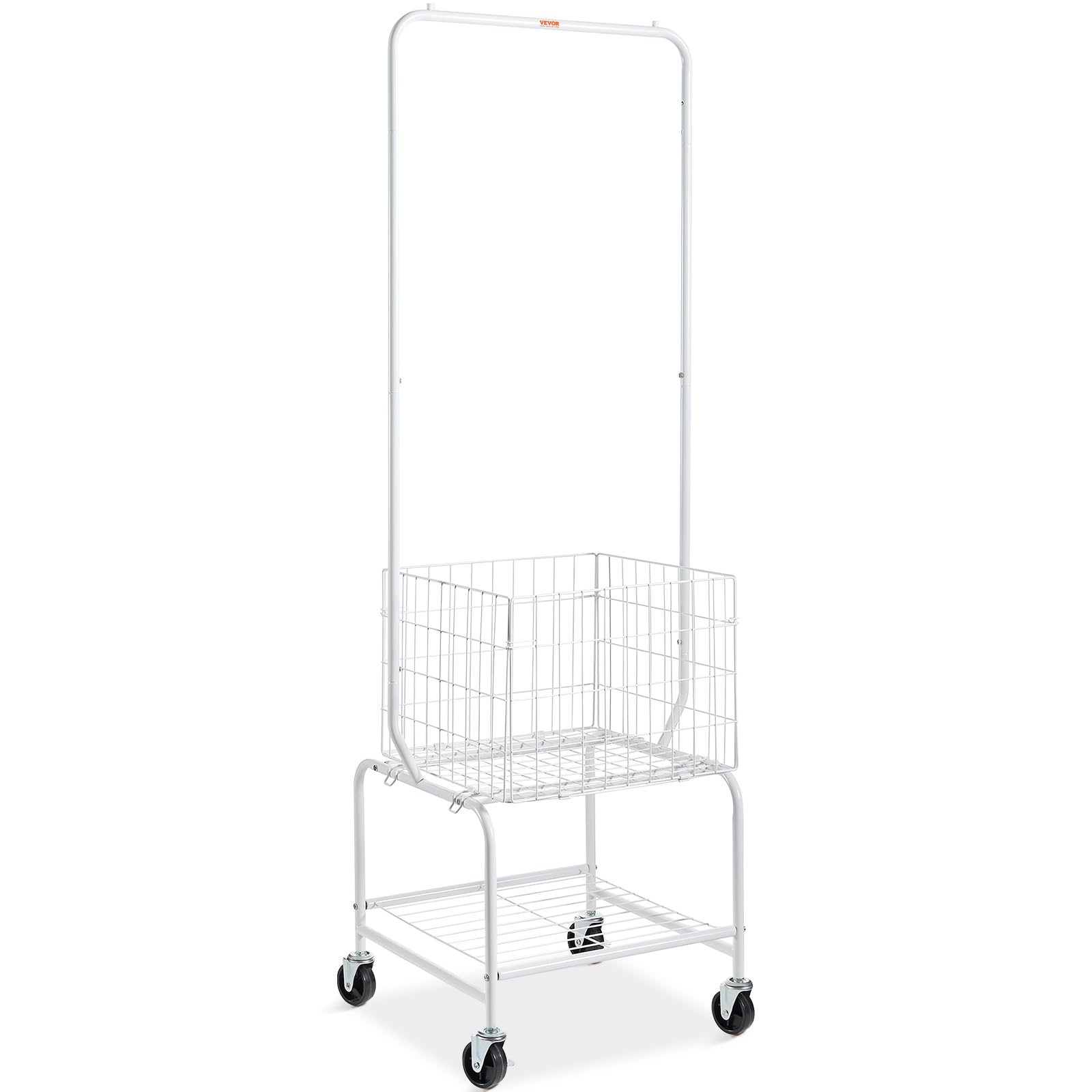 VEVOR Metal Rolling Laundry Basket with Hanging Garment Rack, Laundry Hamper Cart Adjustable Height with Basket Load and Shelf Load, Storage Organizer with Heavy Duty Lockable Wheels, White