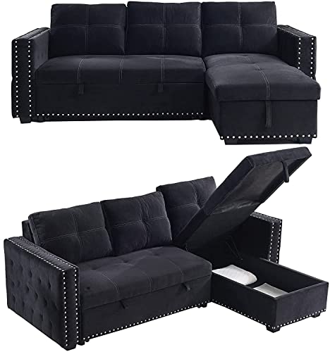 Sectional Sofa with Chaise, HABITRIO 91" L-Shape Loveseat Couch w/Roll-out Sleeper Bed, Reversible Storage Lounge, Black Velvet Upholstered Button Tufted Nailhead Trim Accent Furniture for Living Room