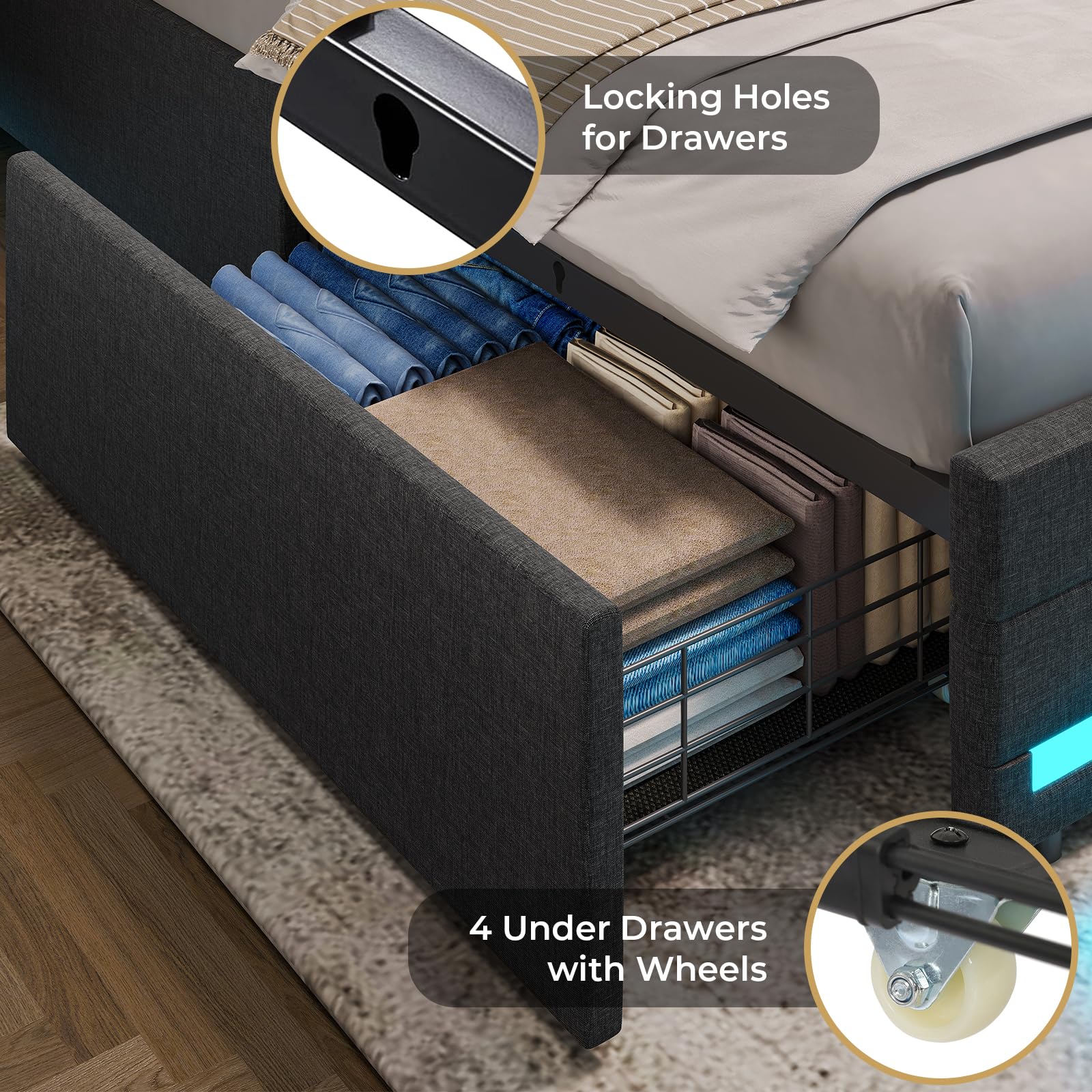 HAUOMS King Size LED Bed Frame and Headboard, Upholstered King Platform Bed Frame with Storage Drawers,2 USB Charging Station,Upgraded 2-Row Support Bars, No Box Spring Needed, Dark Grey